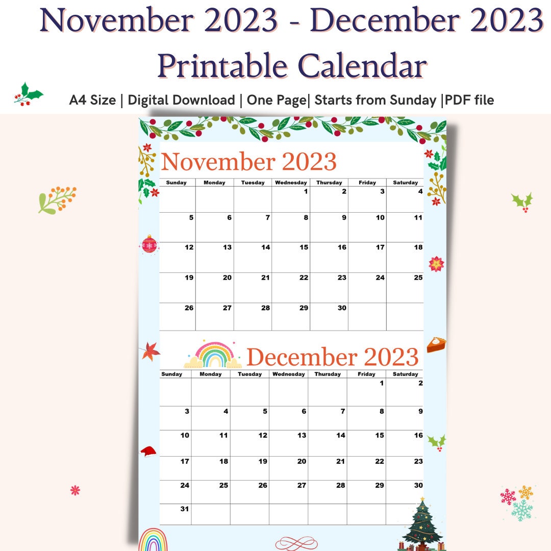 November 2023 Calendar,december 2023 Calendar,2023 Calendar,a4 Size,one ...