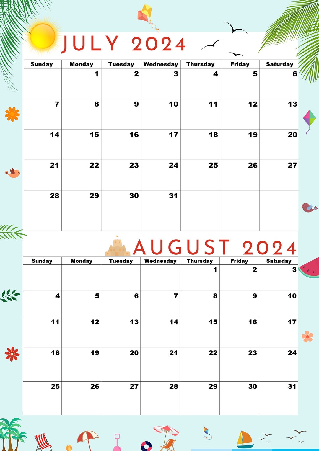 July 2024 Calendar,august 2024 Calendar,2024 Calendar,a4 Size,pdf ...