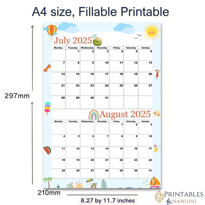 Fillable July 2025 August 2025 Calendar Monday Start PDF Printable ...