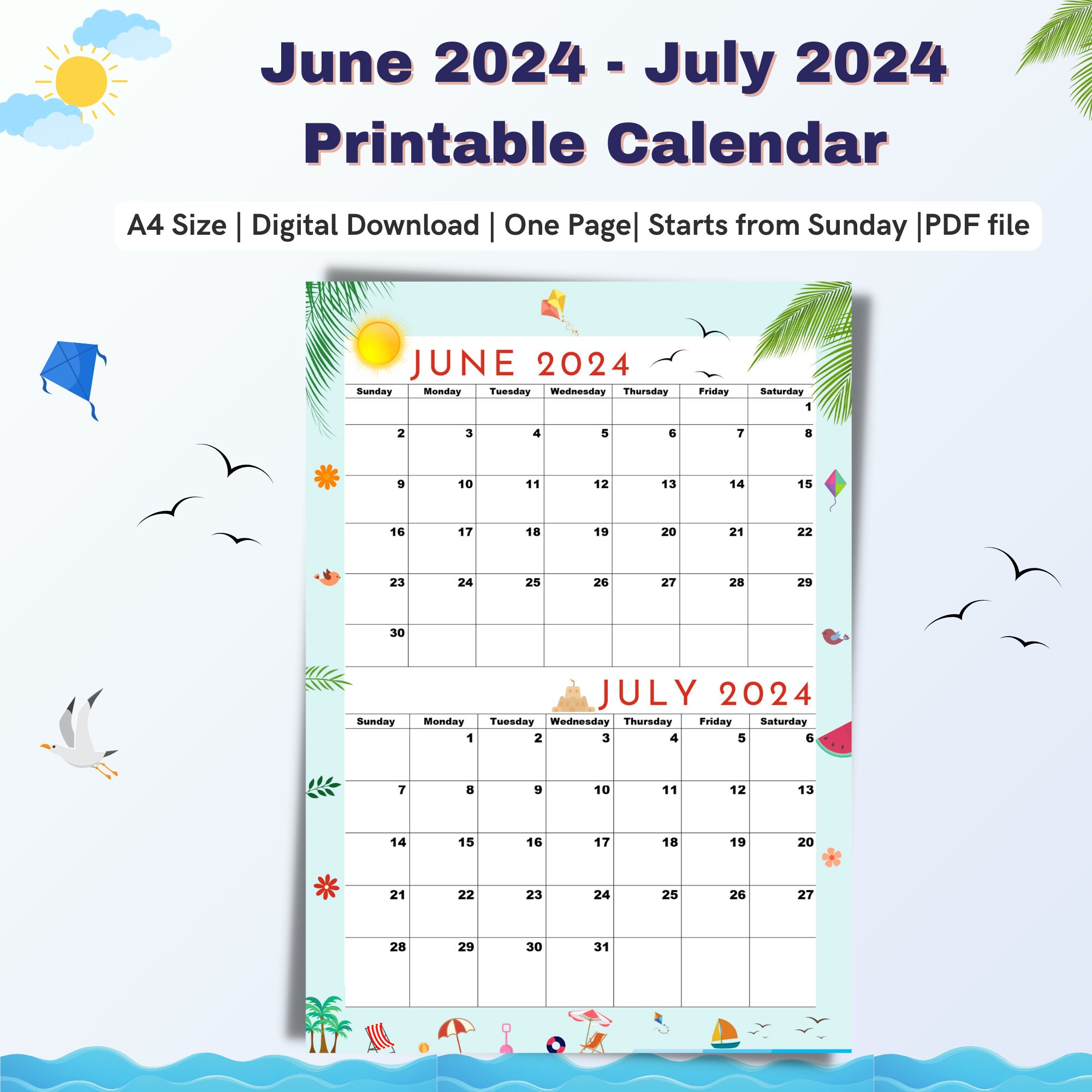 Buy June 2024 Calendar,july 2024 Calendar,a4 Size,pdf,printable,quick ...