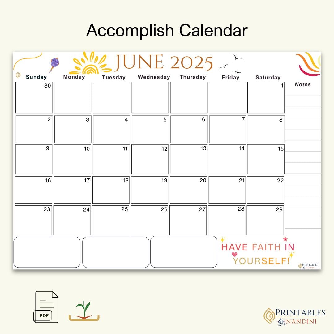 June Calendar 2025 Printable PDF A4 Size Download Format,fillable,notes ...
