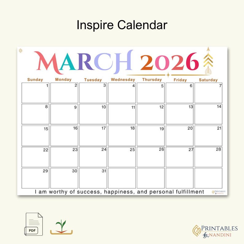 March 2026 Calendar, Affirmation Theme (A4 PDF Digital Download) - Etsy