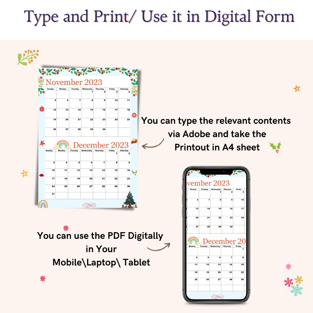 November 2023 Calendar,december 2023 Calendar,2023 Calendar,a4 Size,one ...