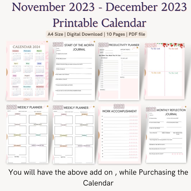 November 2023 Calendar December 2023 Calendara4 - Etsy Ireland