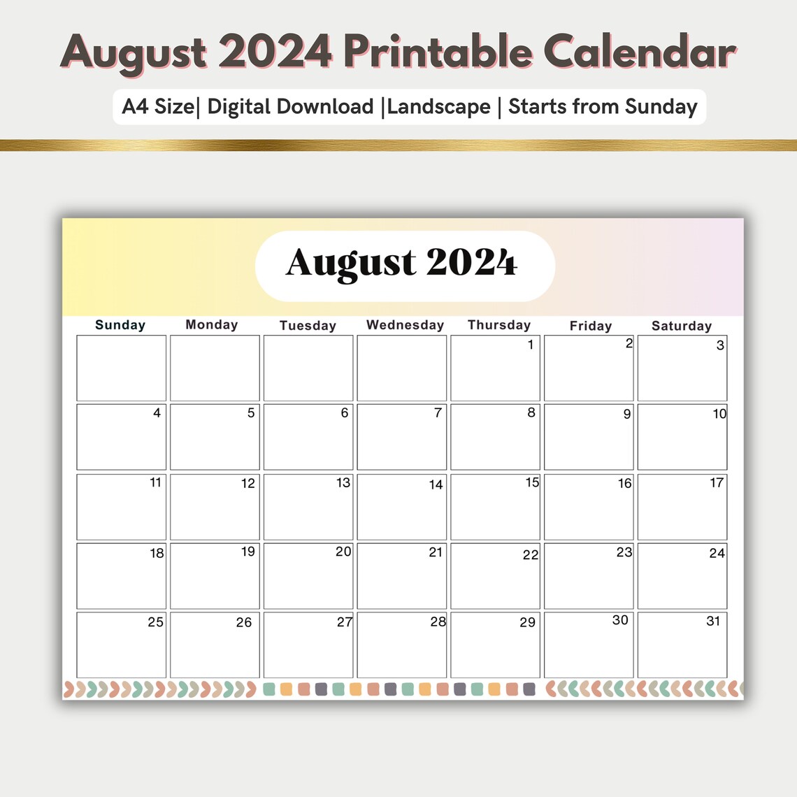 August Calendar,fillable,august 2024 Calendar,a4 Size,digital,pdf,2024 ...
