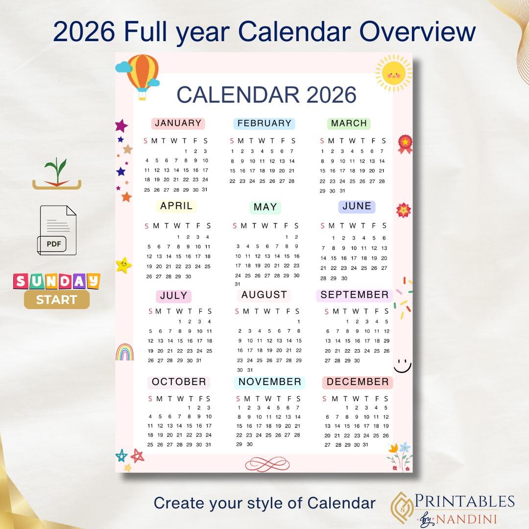 Printable 2026 Calendar-full Year on One Page|a4 PDF Download, Sunday ...