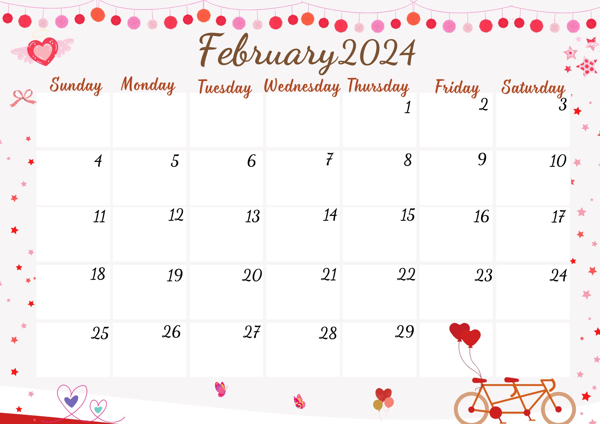 February 2024 Calendar,feb 2024 Calendar, Valentine Gift 2024,A4 Size ...