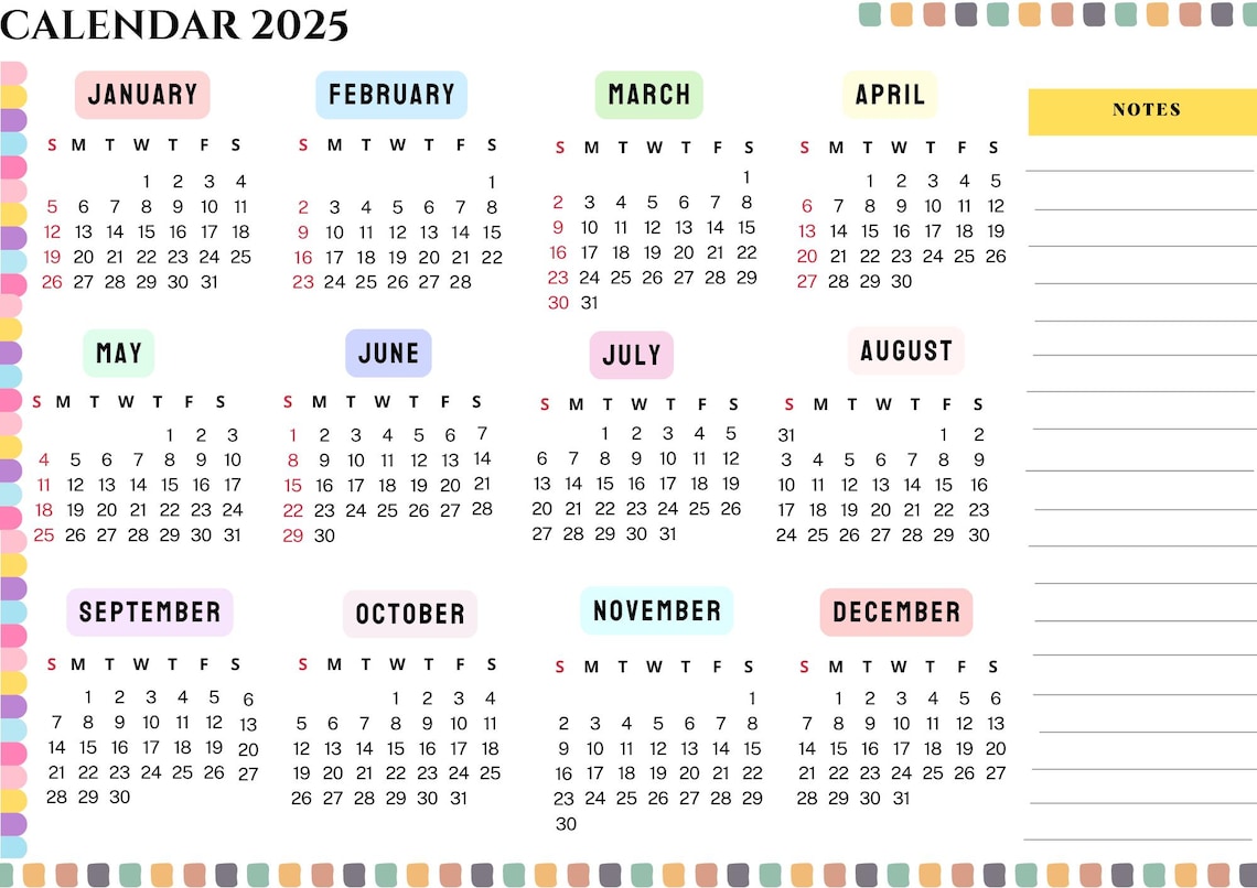 2025 Calendar,one Page Calendar,landscape,yearly Calendar,a4 Size ...