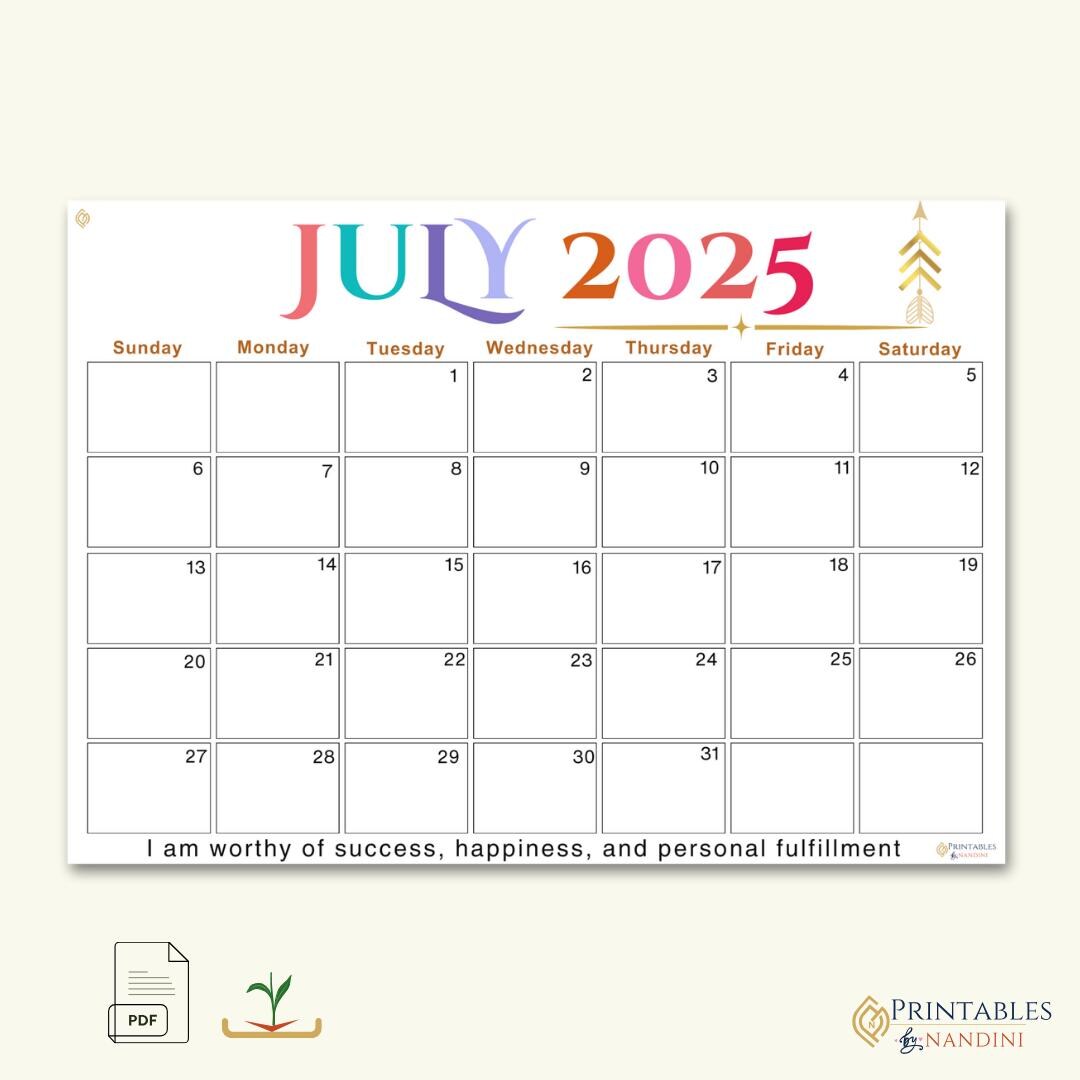 July 2025 Affirmation Calendar – A4 Landscape PDF Monthly Planner With ...