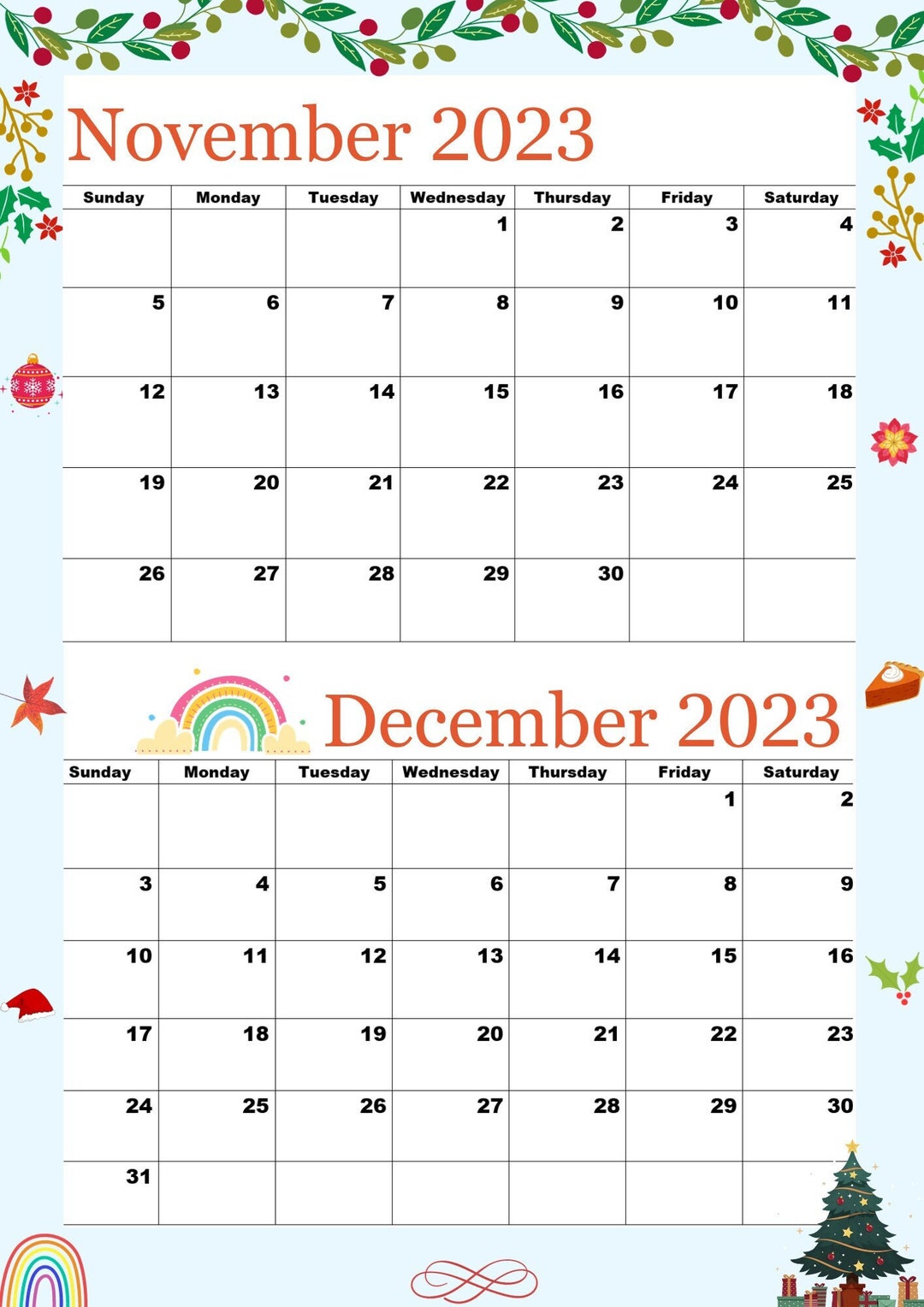 November 2023 Calendar,december 2023 Calendar,2023 Calendar,a4 Size,one ...