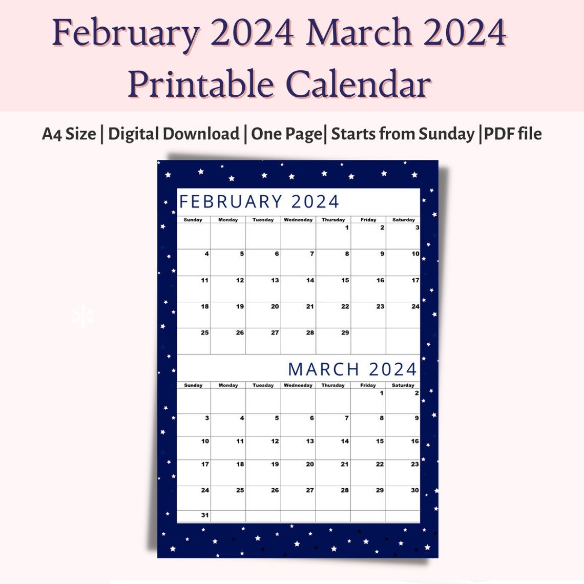 February 2024 Calendar,March 2024 Calendar,Cool Navy, Feb Mar 2024 ...