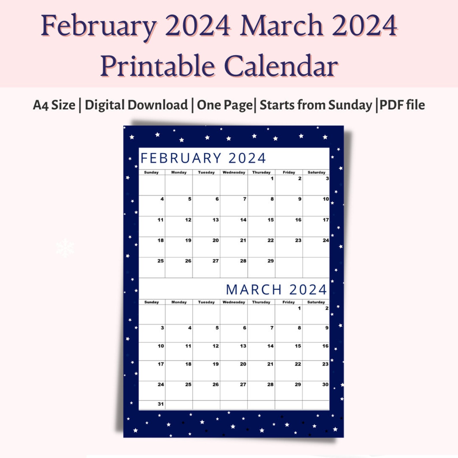 February 2024 Calendar,March 2024 Calendar,Cool Navy, Feb Mar 2024 ...