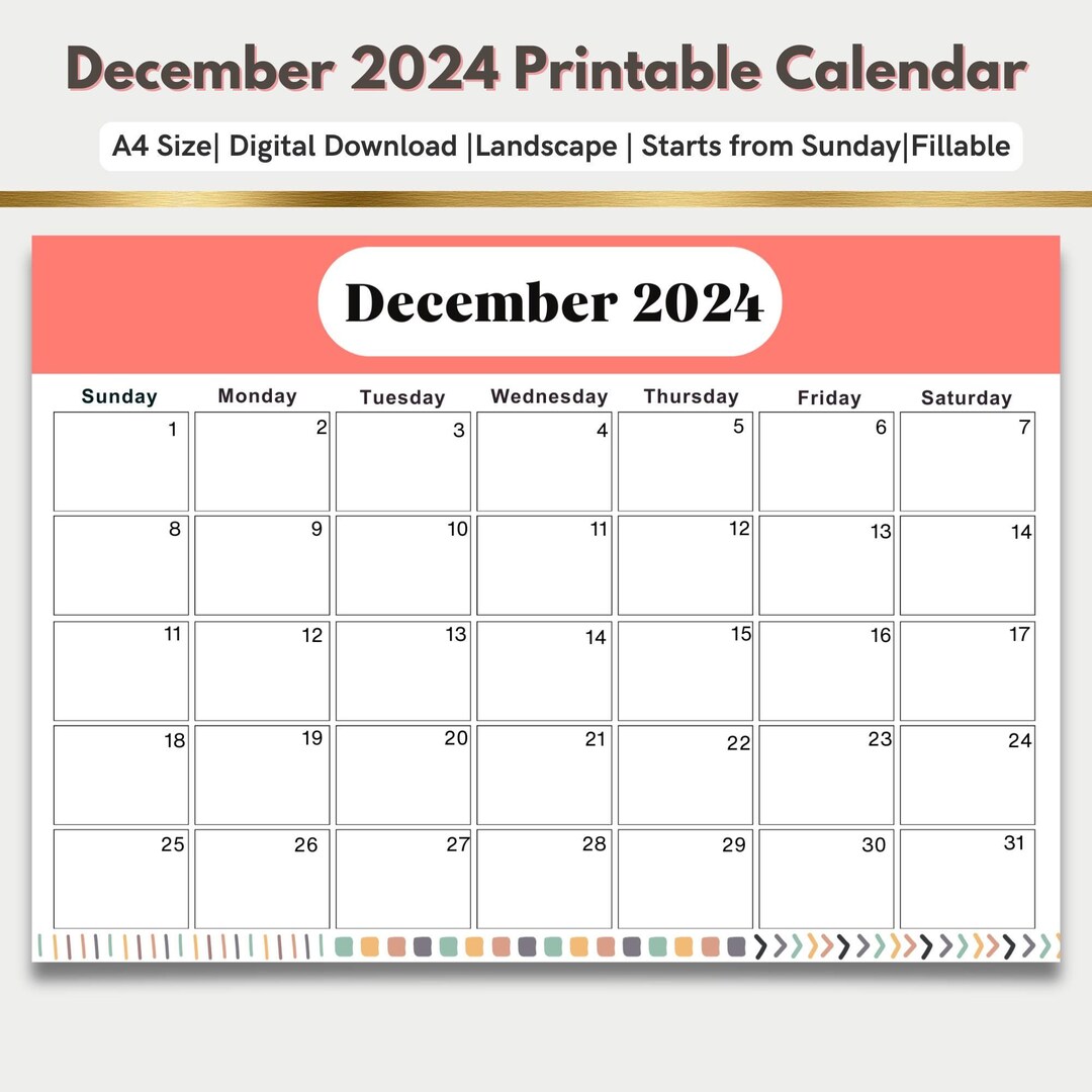Calendar for December 2024,A4 Size,pdf,monthly Calendar,2024 Year End ...