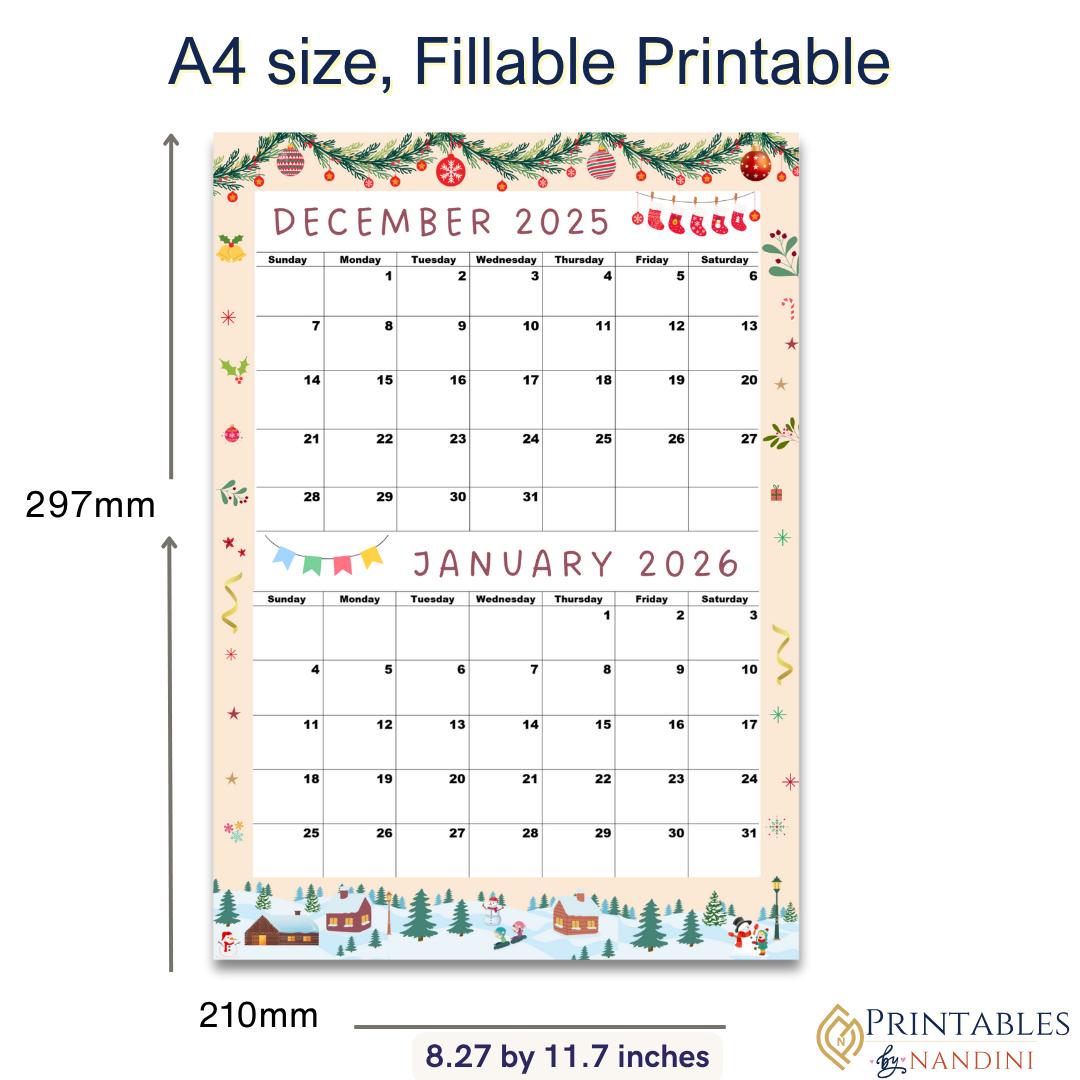 December 2025 and January 2026 Calendar, Dec 2025-jan 2026,winter ...