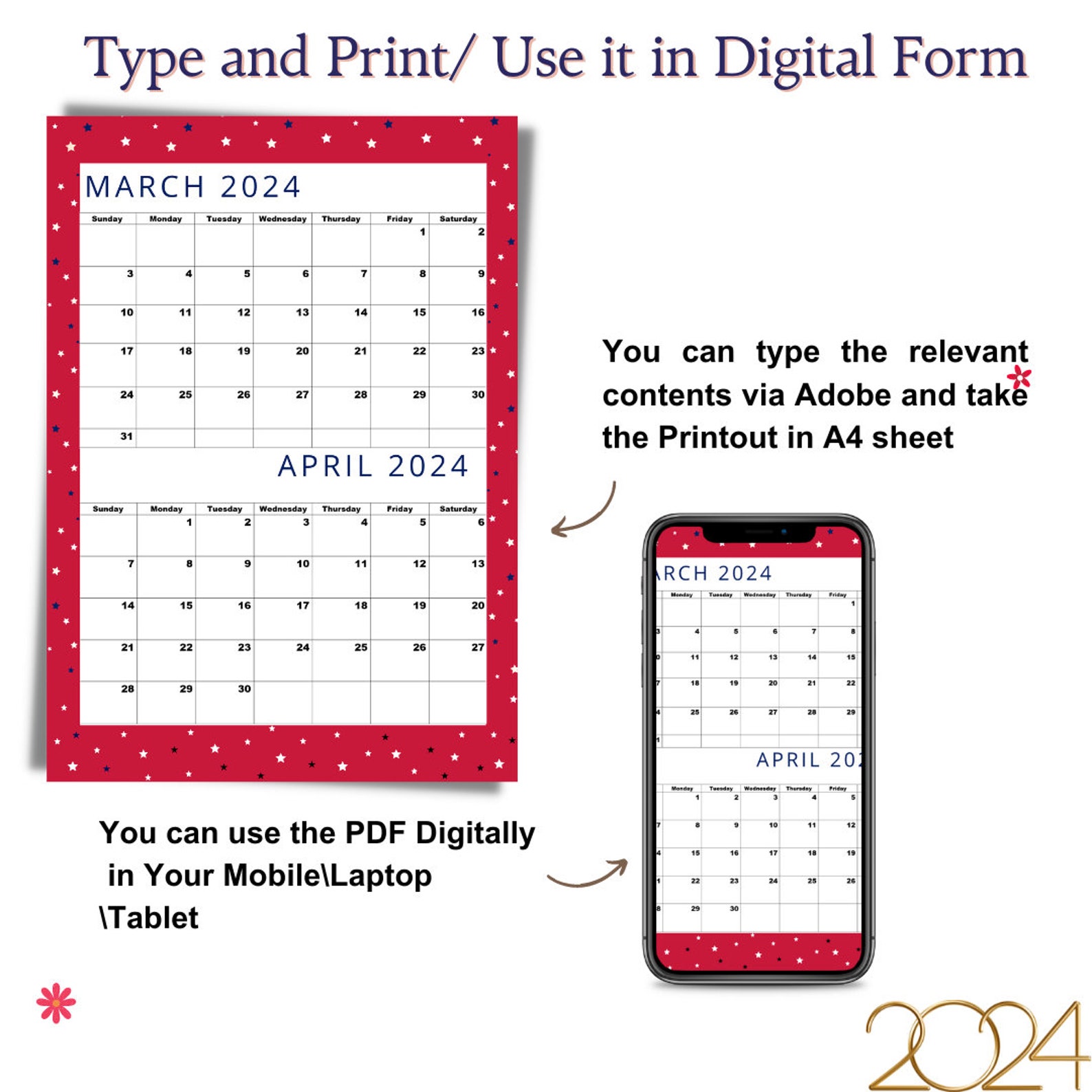 Buy March 2024 Calendar, April 2024 Calendar,lovely Red Calendar,mar ...