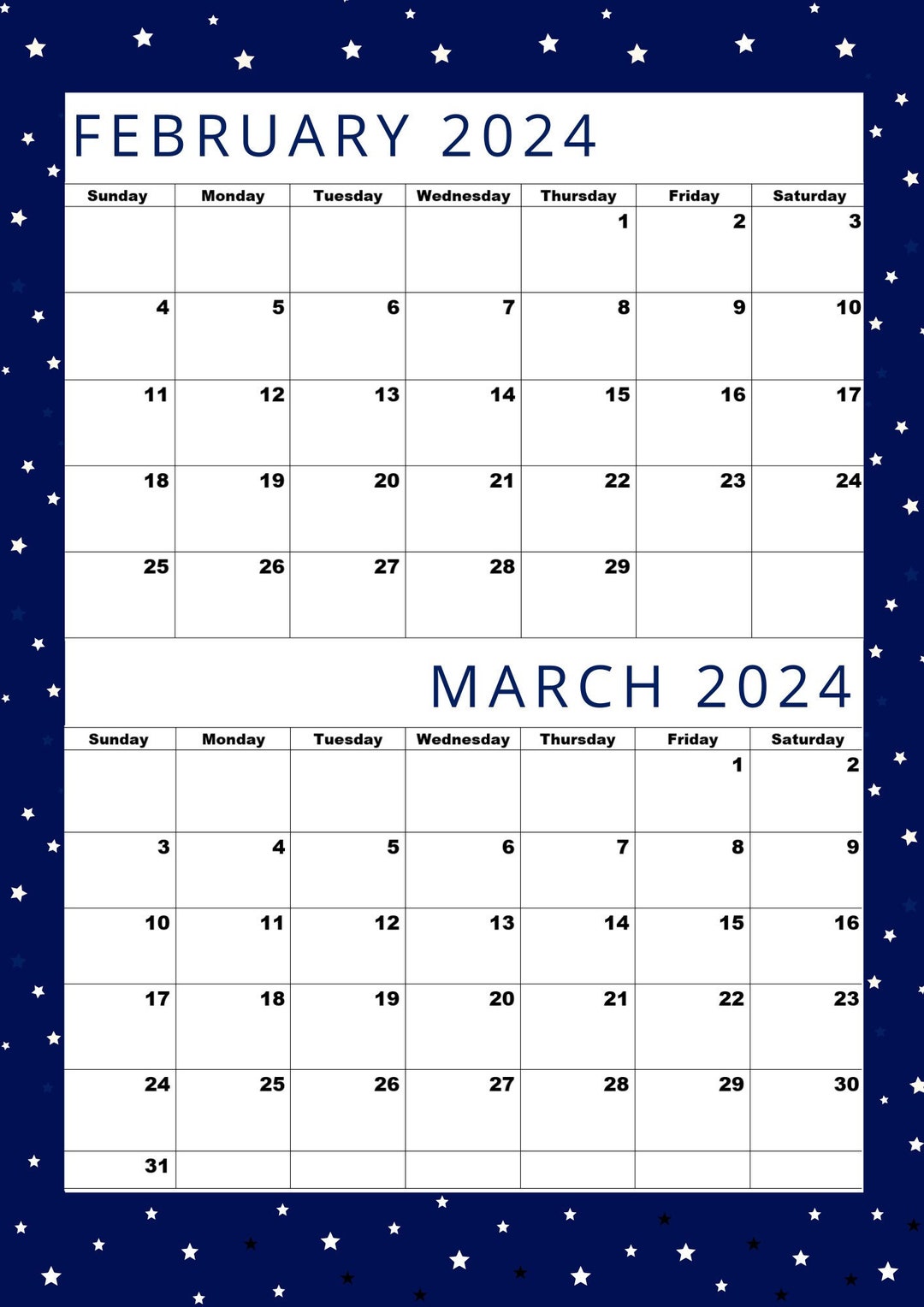 February 2024 Calendar,March 2024 Calendar,Cool Navy, Feb Mar 2024 ...