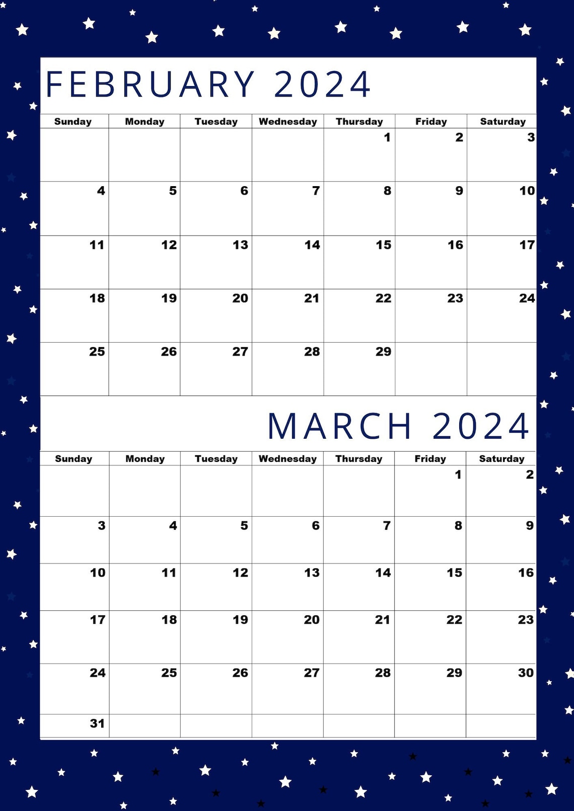 February 2024 Calendar,March 2024 Calendar,Cool Navy, Feb Mar 2024 ...