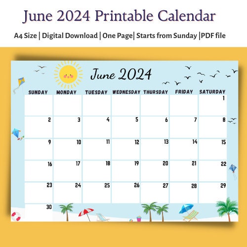 June 2024 Calendar, 2024 June Calendar Printable,a4 Size,digital,pdf ...