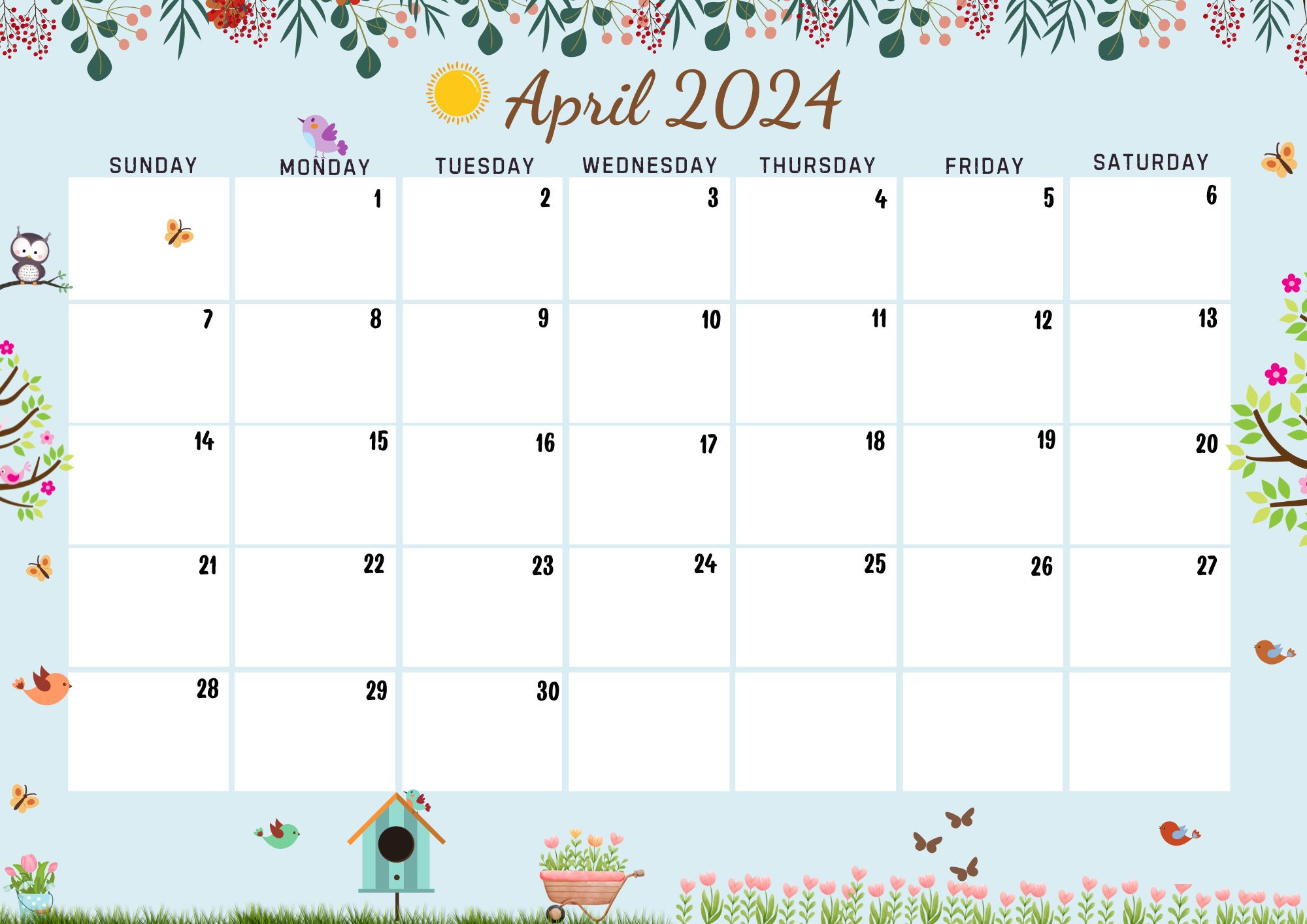 April 2024 Calendar, Apr 2024 Calendar,easter,a4 Size,pdf,printable ...