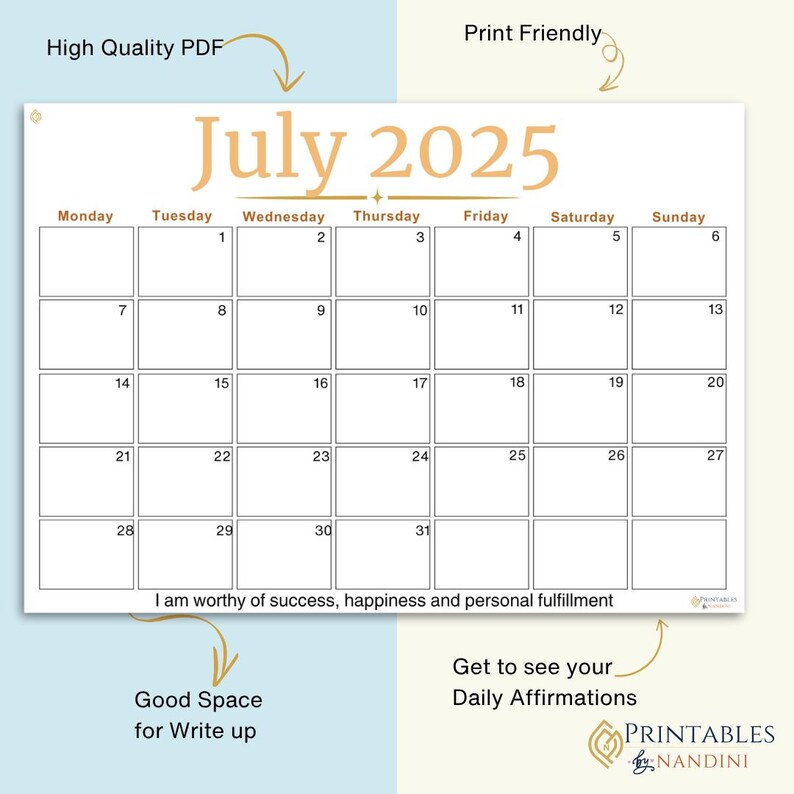 July Calendar 2025 Printable PDF A4 Size PDF Format,fillable,monday ...