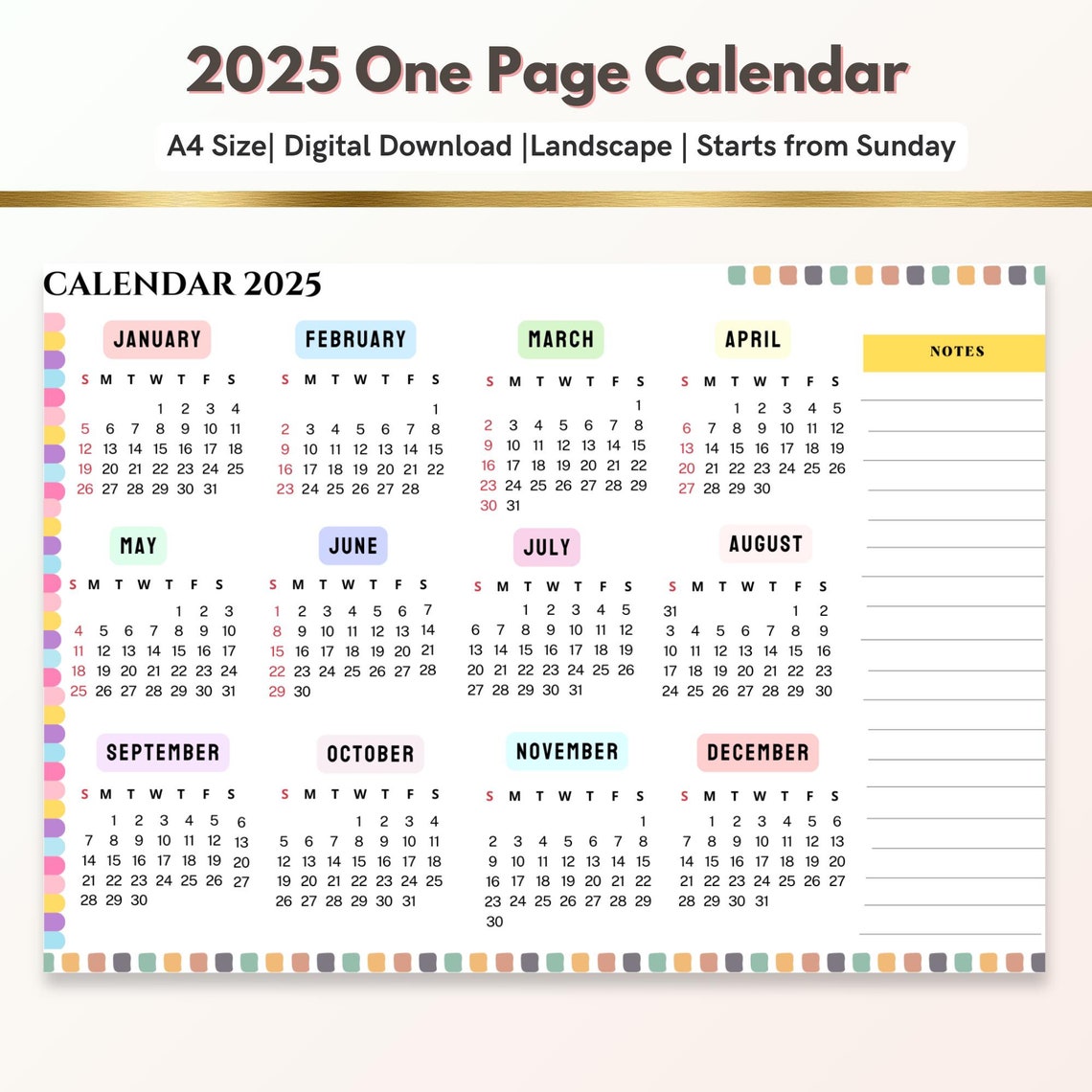 Colorful 2025 One Page Year Calendar Printable- A4 Landscape! - Etsy