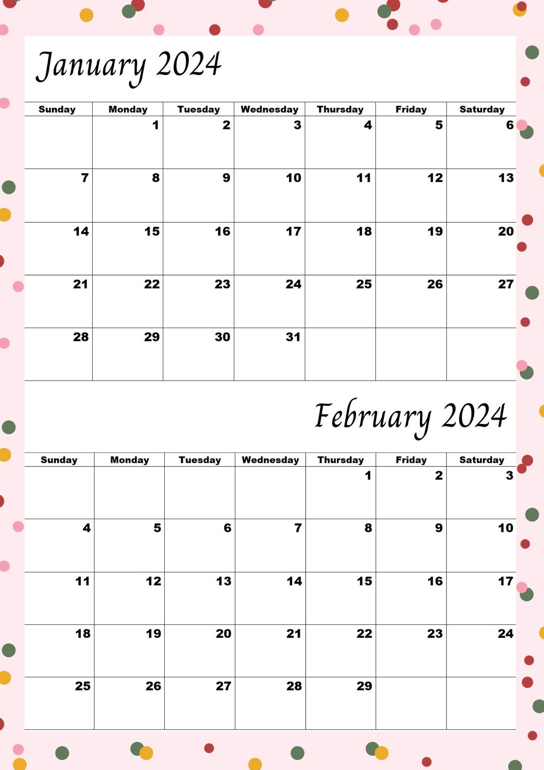 Buy January 2024 Calendar,february 2024 Calendar,pink,jan 2024 Feb 2024 ...