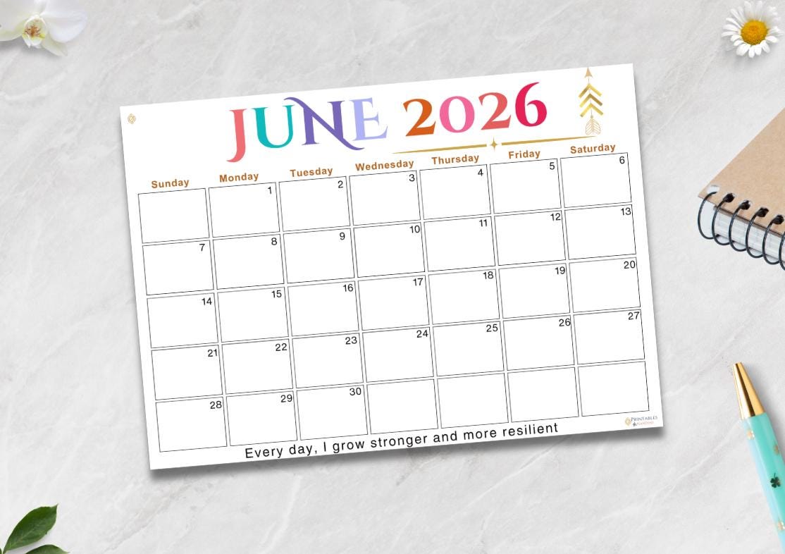 June Calendar 2026 Printable PDF A4 Size Sunday Start Format,fillable ...