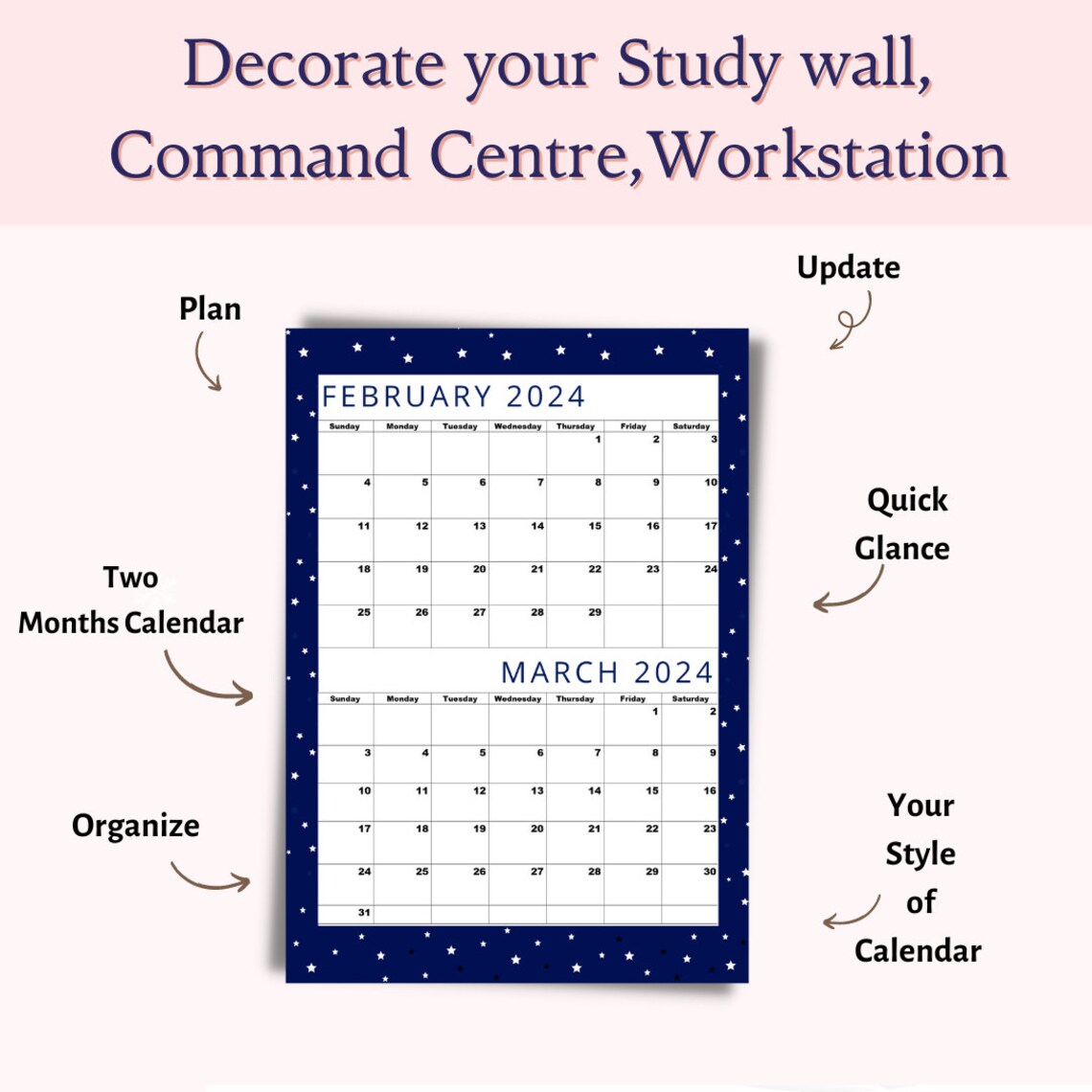 February 2024 Calendar,March 2024 Calendar,Cool Navy, Feb Mar 2024 ...