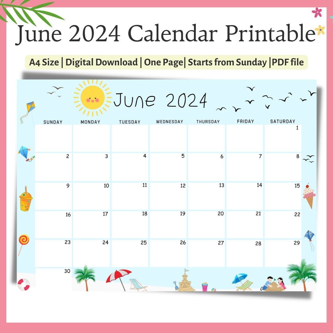 June 2024 Calendar,summer 2024 Calendarjune Beach Calendar,a4 Size,pdf ...