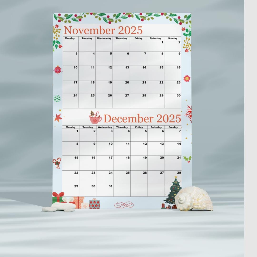 November and December 2025 Calendar Printable- Monday Start | Christmas ...