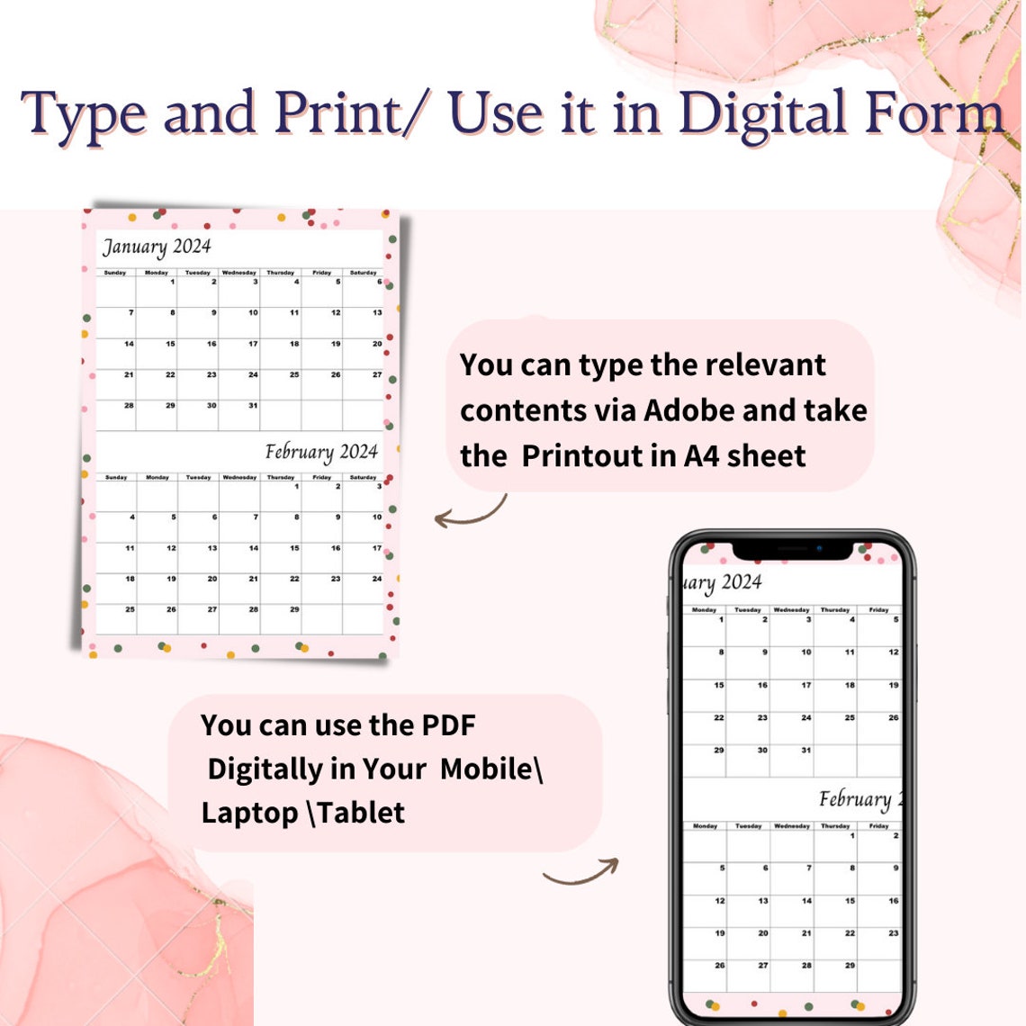 Buy January 2024 Calendar,february 2024 Calendar,pink,jan 2024 Feb 2024 ...