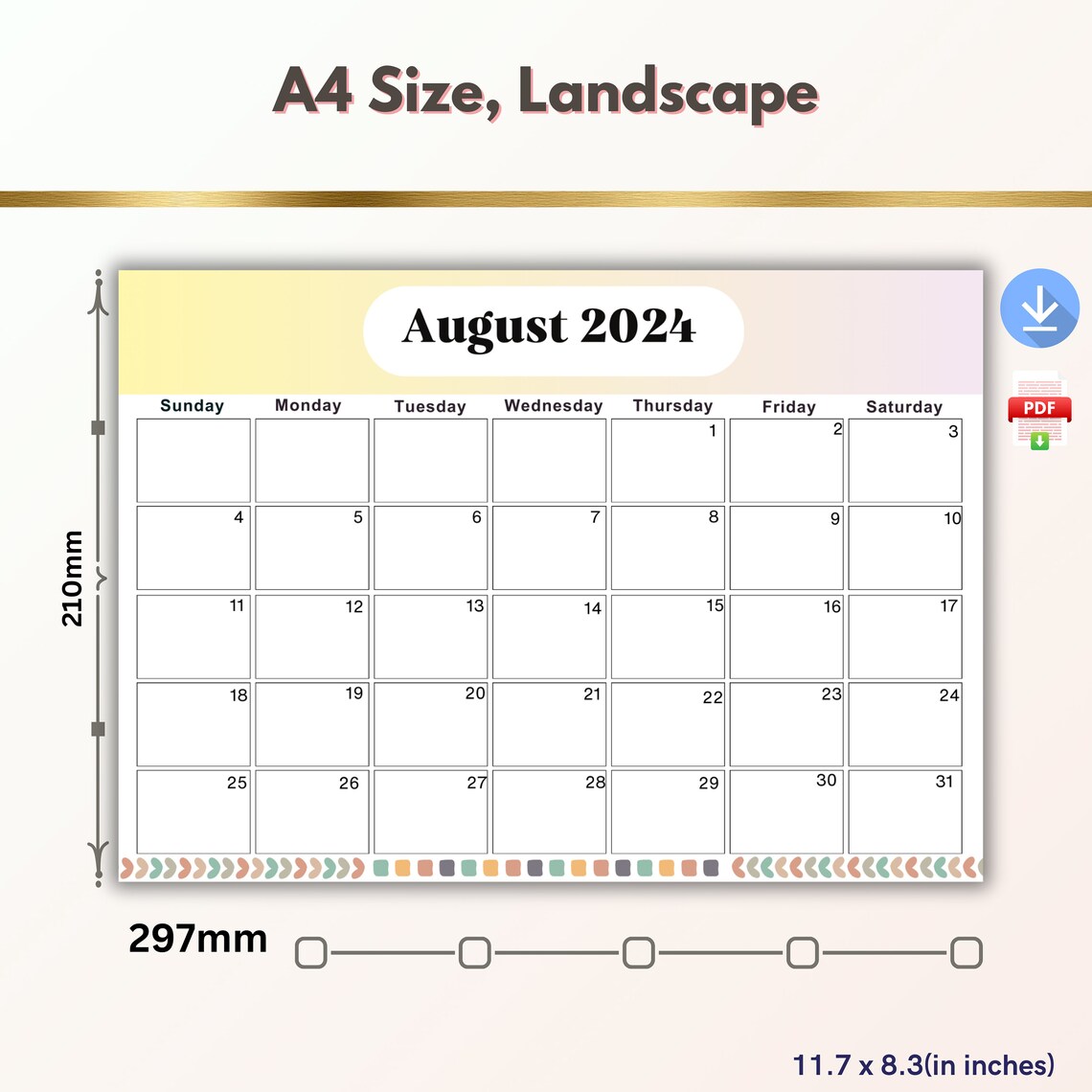August Calendar,fillable,august 2024 Calendar,a4 Size,digital,pdf,2024 ...
