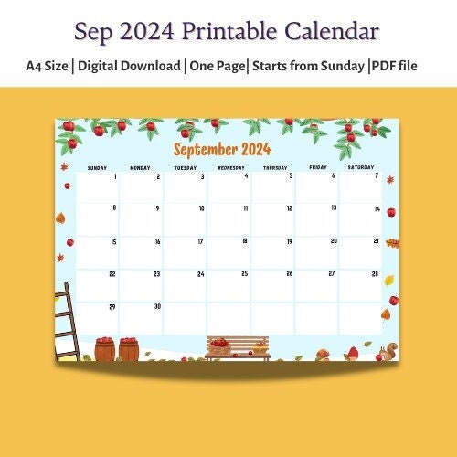 September 2024 Calendar,sep 2024 Calendar,a4 Size,monthly,digital,pdf ...