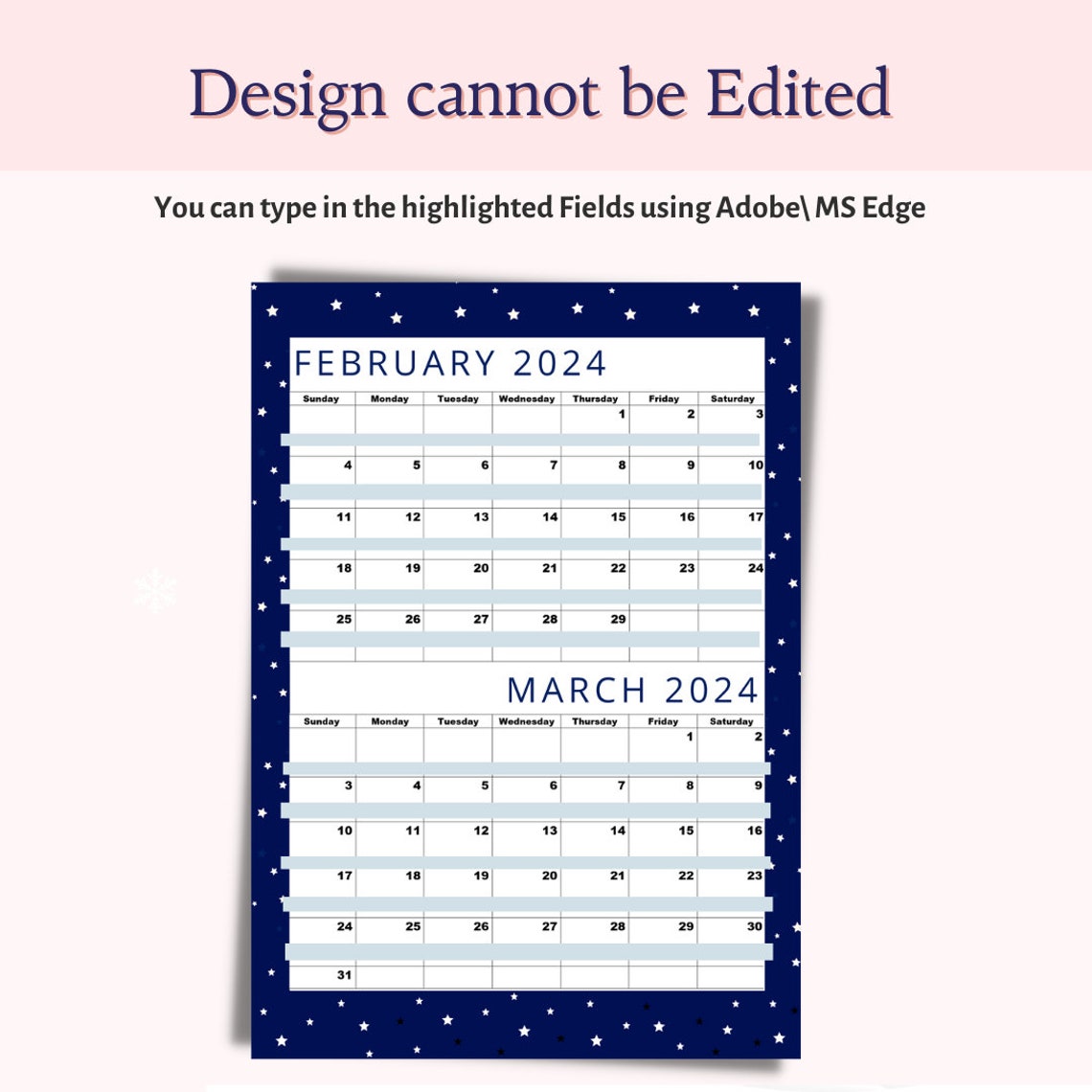 February 2024 Calendar,March 2024 Calendar,Cool Navy, Feb Mar 2024 ...