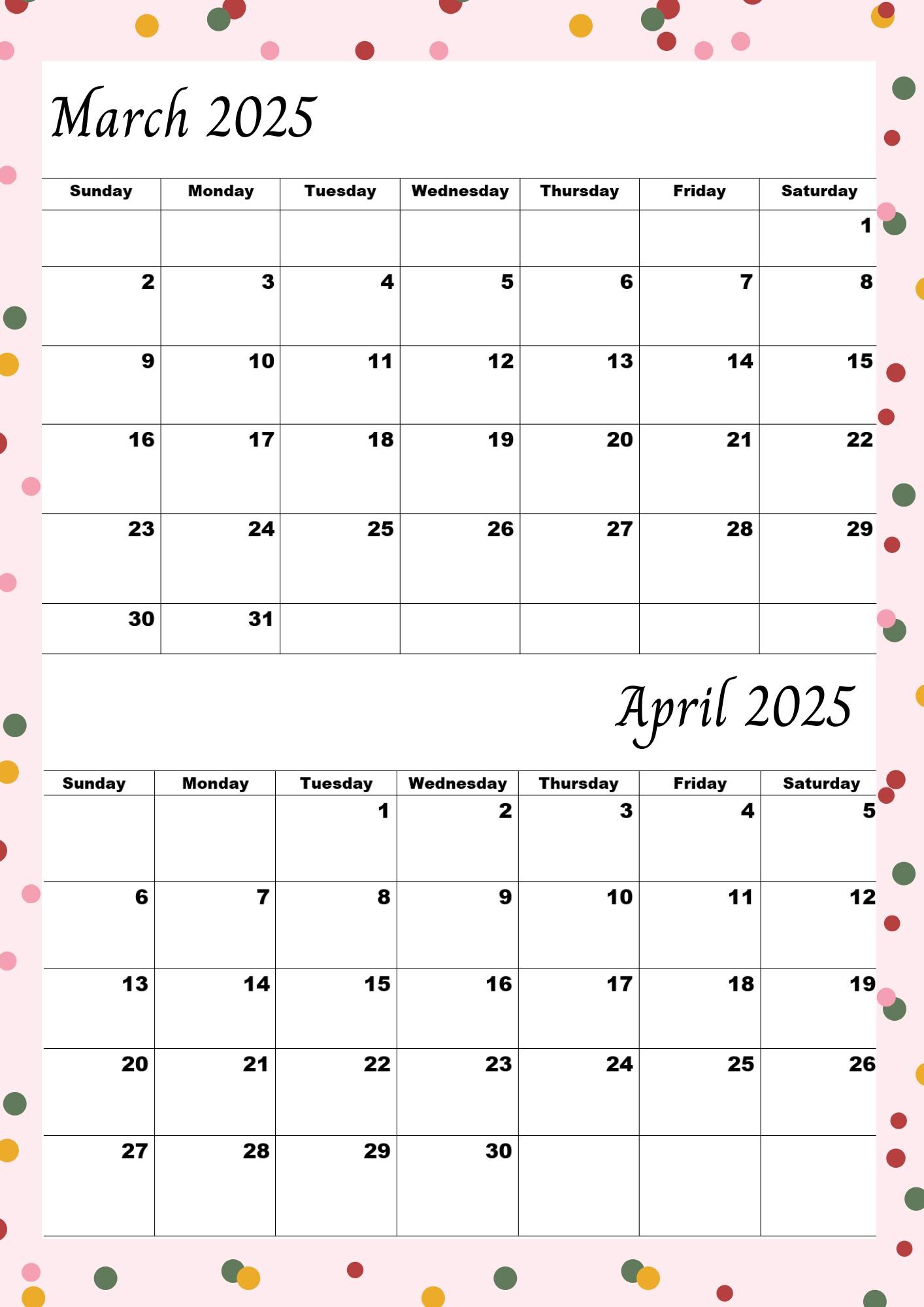 Sleek Pink Calendar Printable for March 2025 and April 2025,A4 Size PDF ...