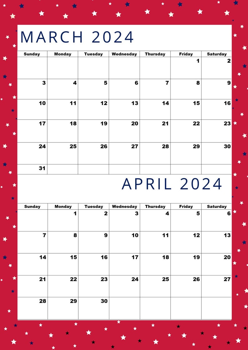 Kalender maart 2024, kalender april 2024, mooie rode kalender, maart ...