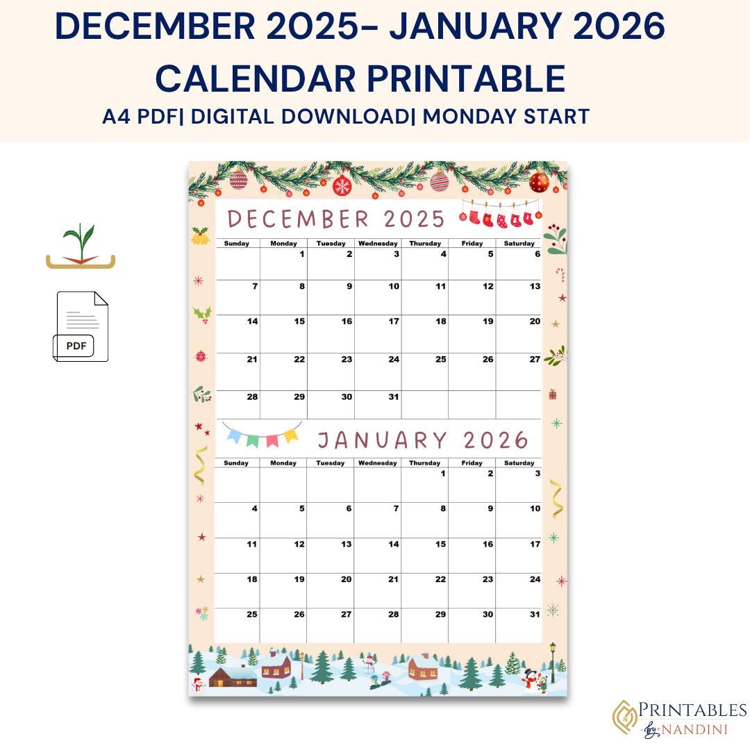 December 2025 and January 2026 Calendar, Dec 2025-jan 2026,winter ...