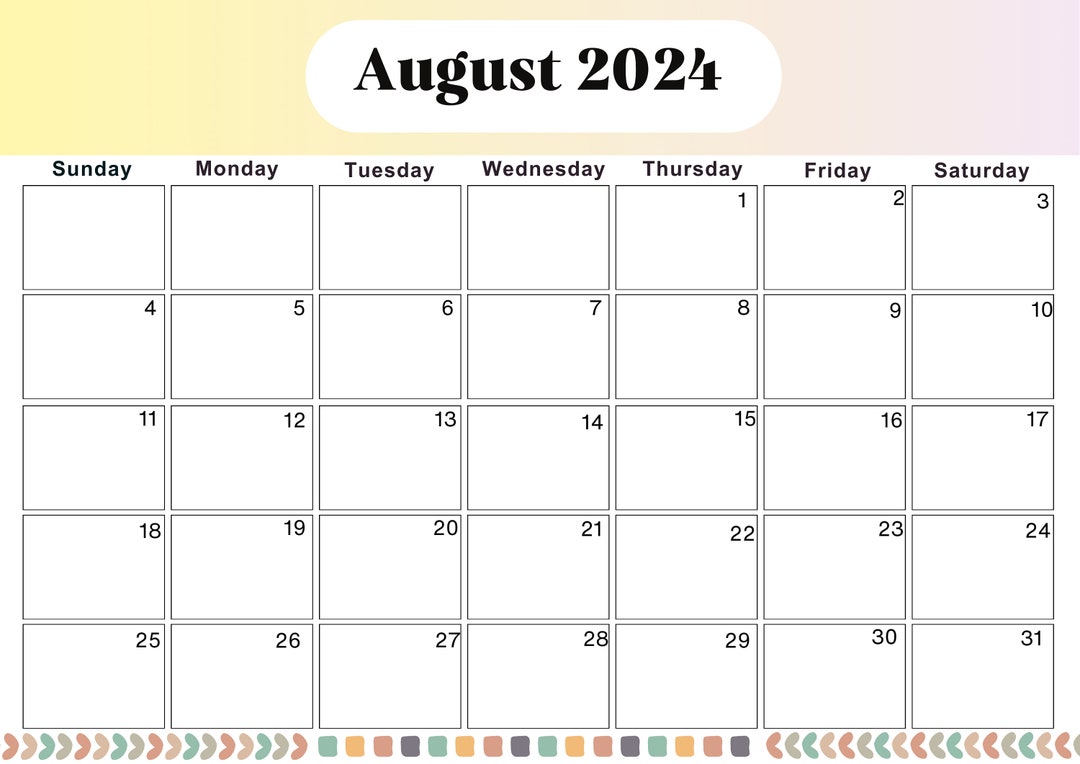 August Calendar,fillable,august 2024 Calendar,a4 Size,digital,pdf,2024 ...