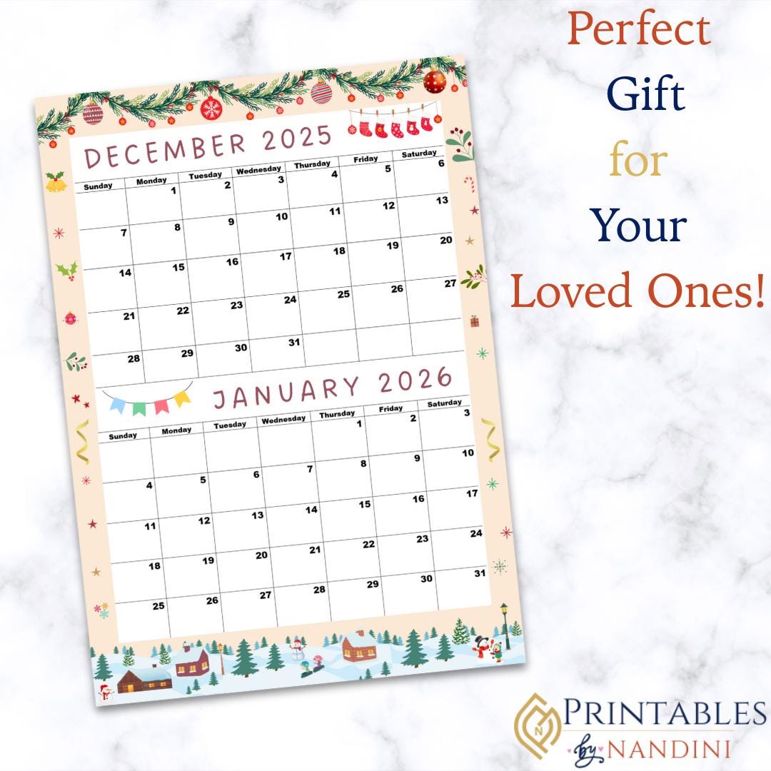 December 2025 and January 2026 Calendar, Dec 2025-jan 2026,winter ...