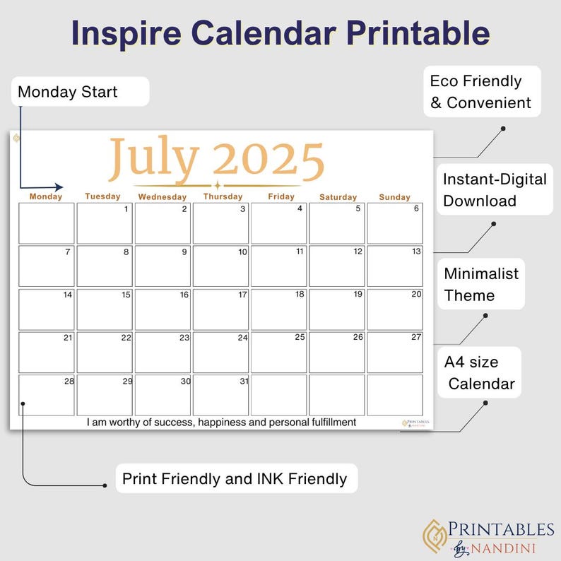July Calendar 2025 Printable PDF A4 Size PDF Format,fillable,monday ...