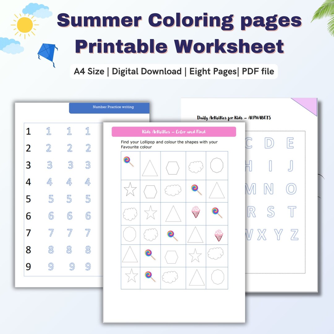 Summer Coloring Pages,printable Kids Digital Workbook,summer Workbook ...
