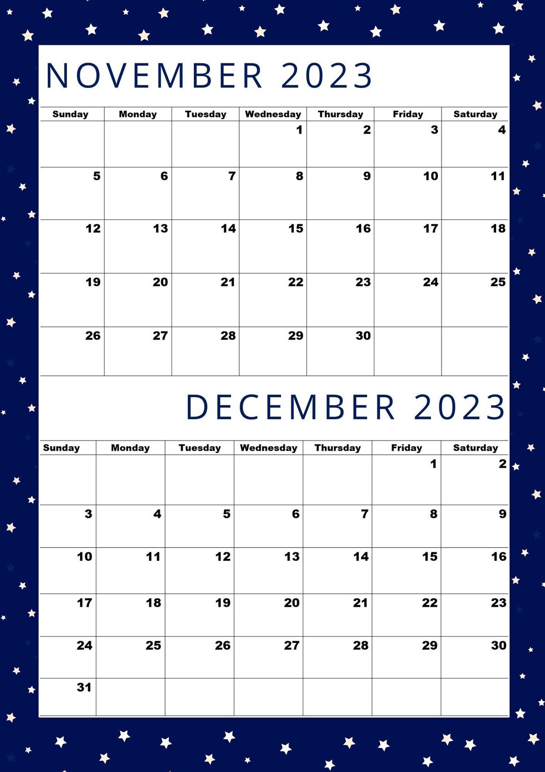 November 2023 Calendar December 2023 Calendara4 - Etsy Ireland
