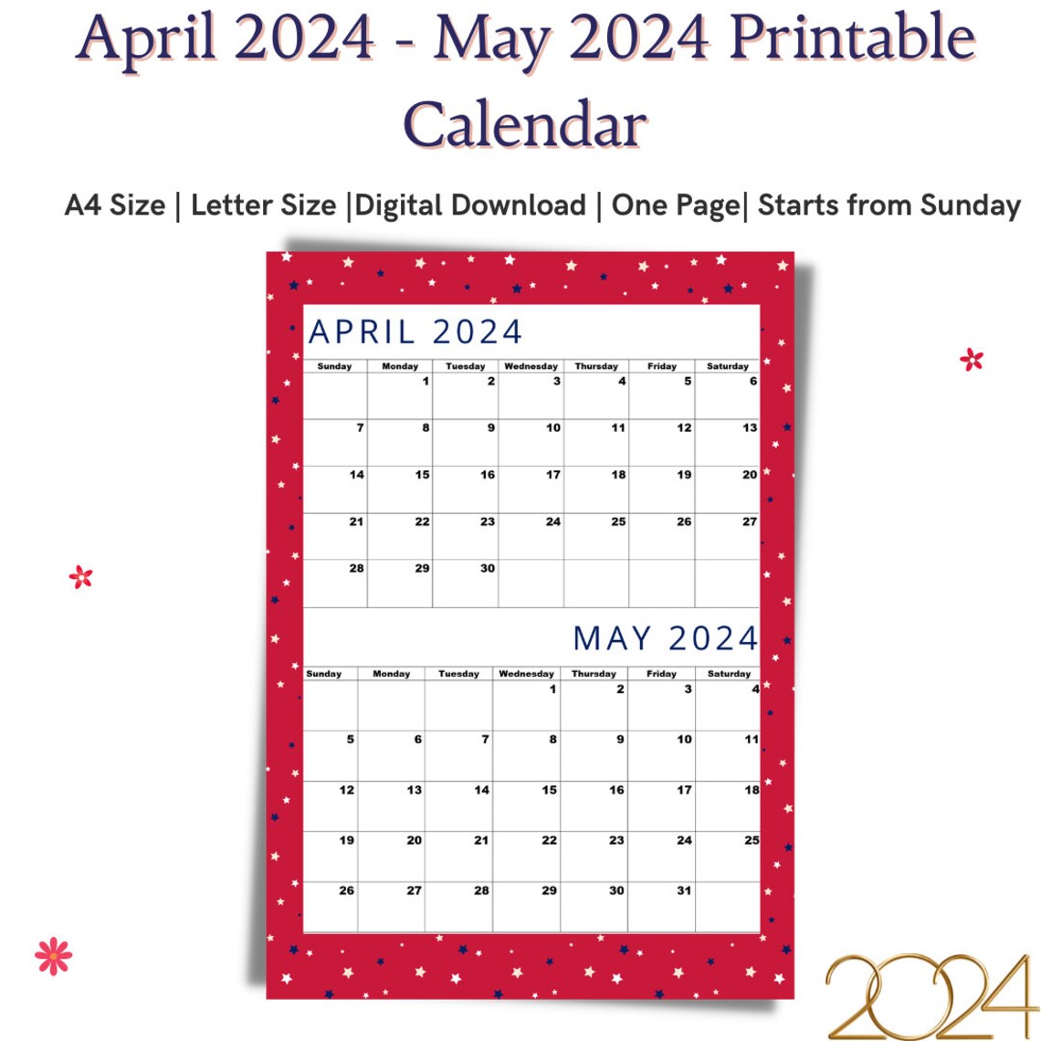 April 2024 Calendar, May 2024 Calendar,lovely Red Calendar,digital ...