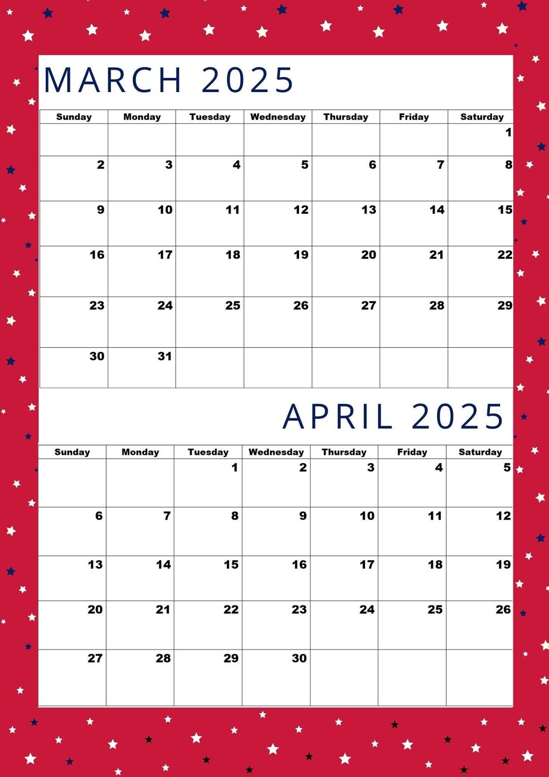 Aantrekkelijke mooie rode kalender voor maart 2025 en april 2025, pdf ...