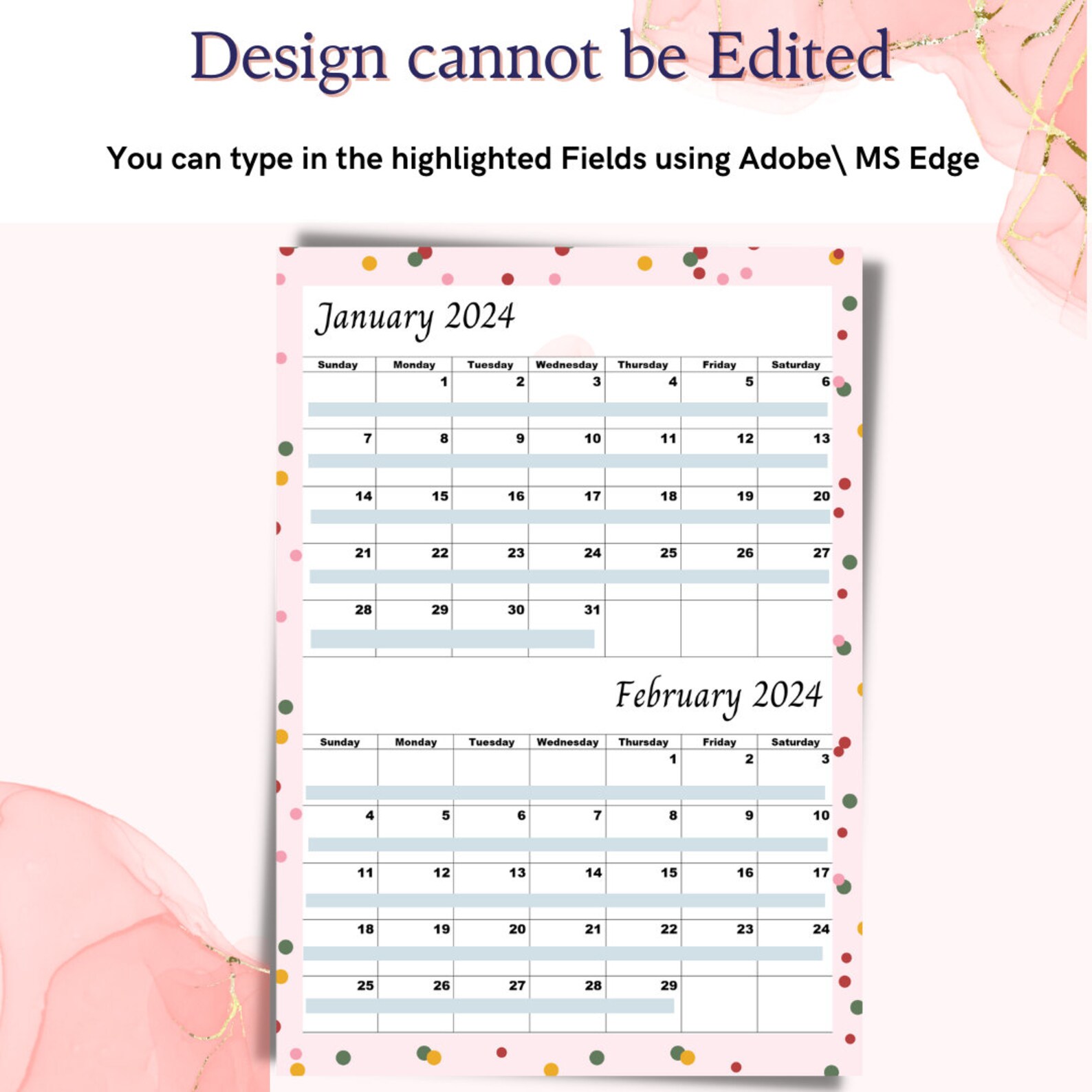 Buy January 2024 Calendar,february 2024 Calendar,pink,jan 2024 Feb 2024 ...