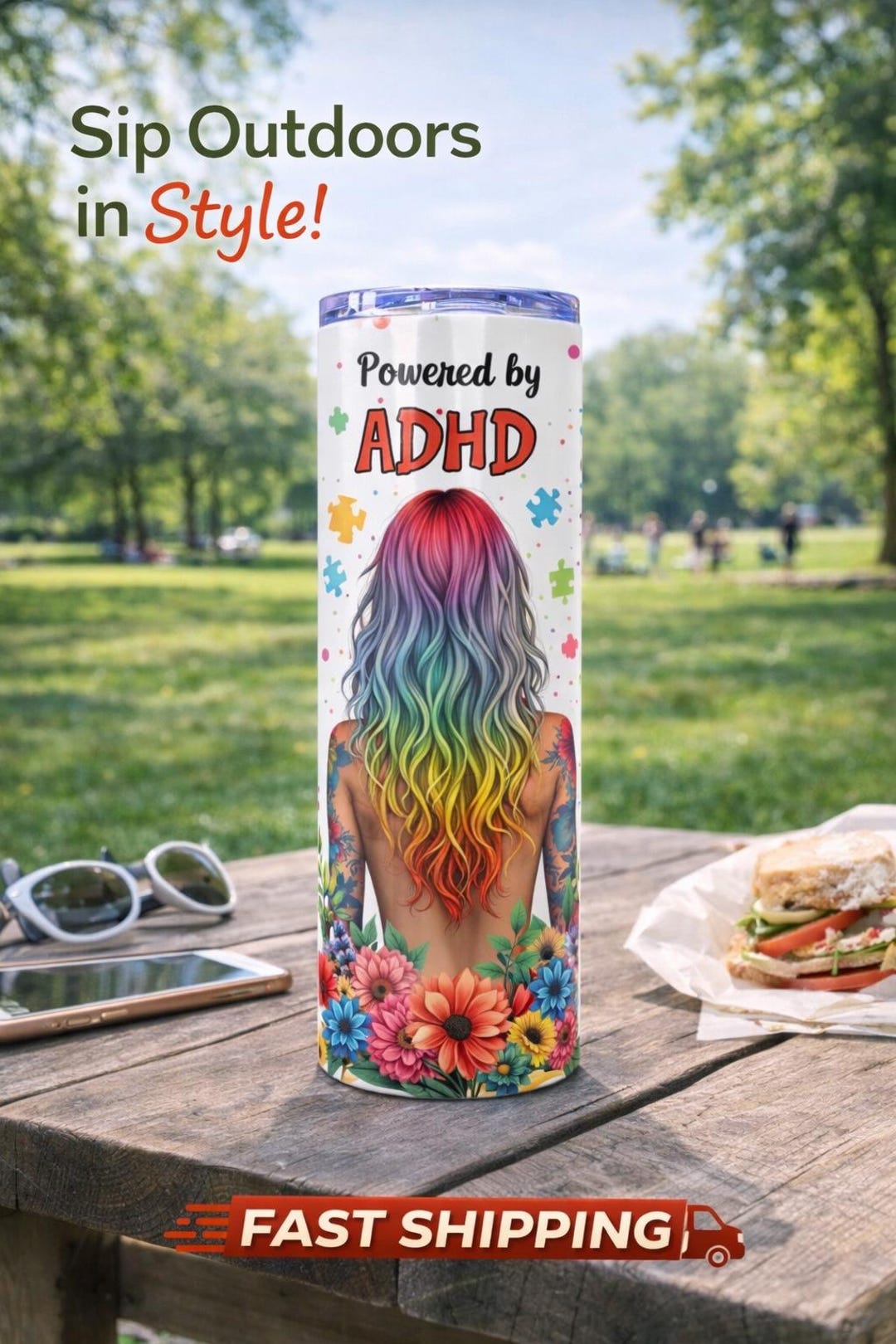 ADHD Awareness Tumbler | Powered by ADHD Cup With Rainbow Hair & Puzzle ...