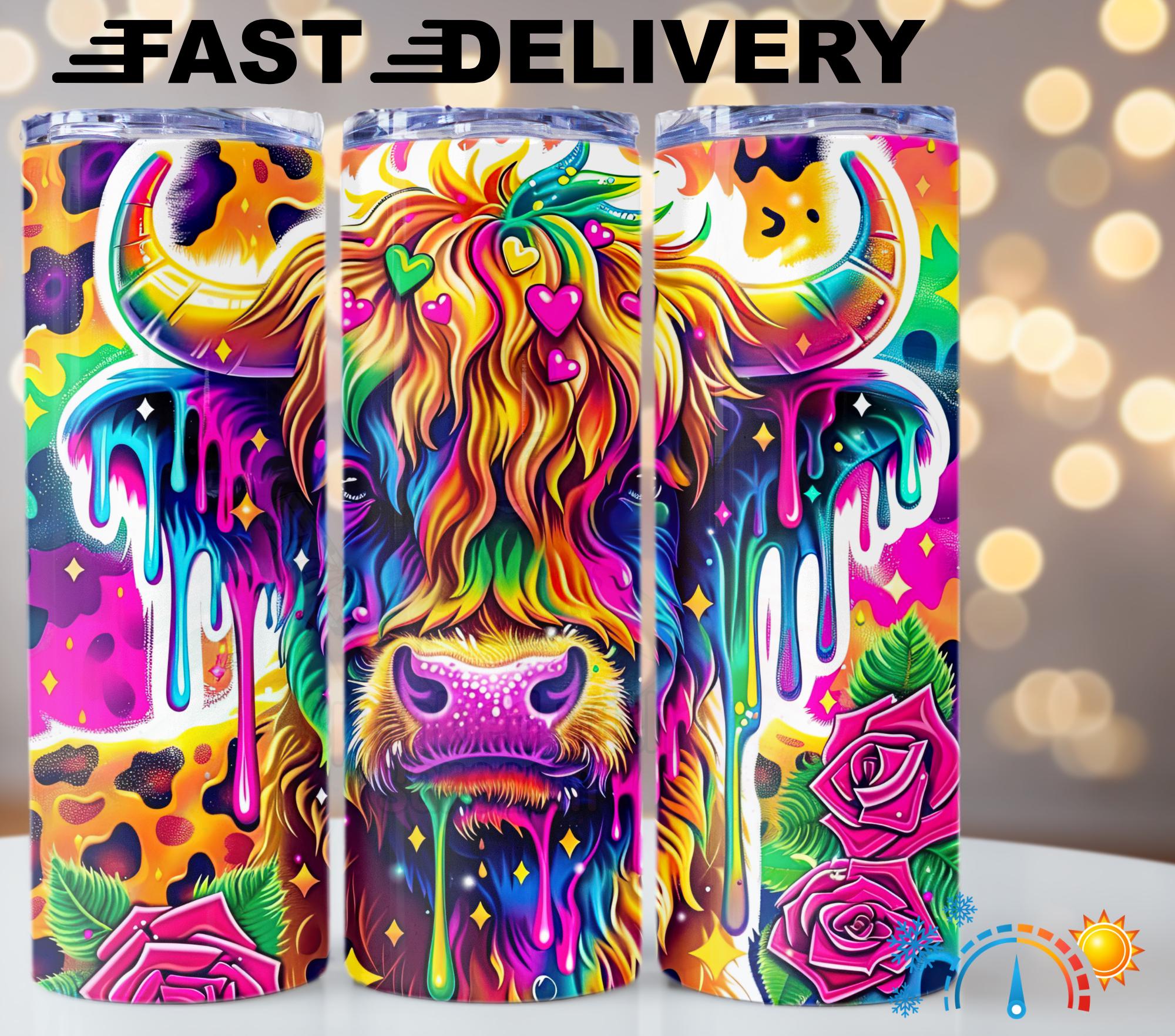 Colorful Highland Cow Tumbler – Rainbow Drip Cow Cup, Boho Western Gift ...