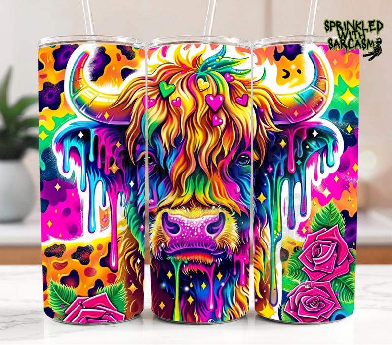 Colorful Highland Cow Tumbler – Rainbow Drip Cow Cup, Boho Western Gift ...