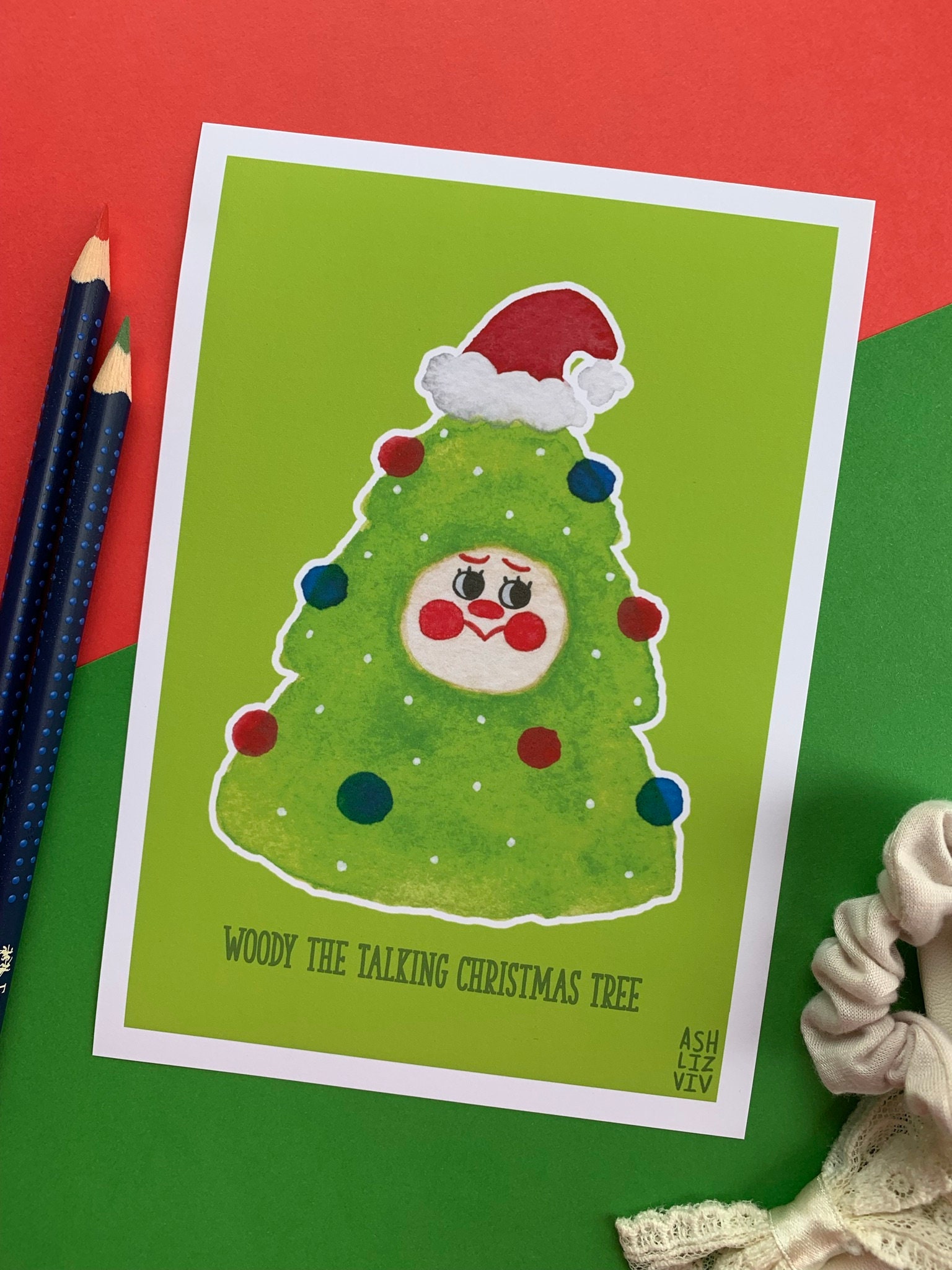 Art Print Illustration 5x7 Woody the Talking Christmas Tree Watercolour ...