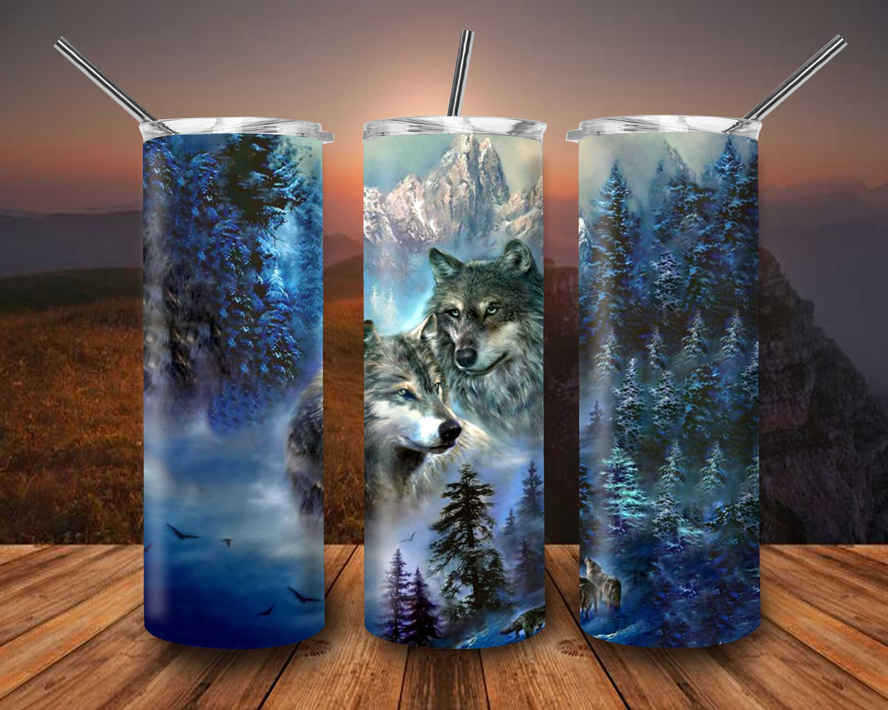 Snow Forest Cloud Background Winter Wolf Head Tumbler for Sublimation ...